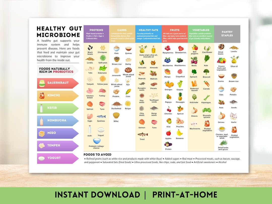 Healthy Gut Microbiome Chart Healthy Eating Reference Guide Printable Probiotic Prebiotic Food ...