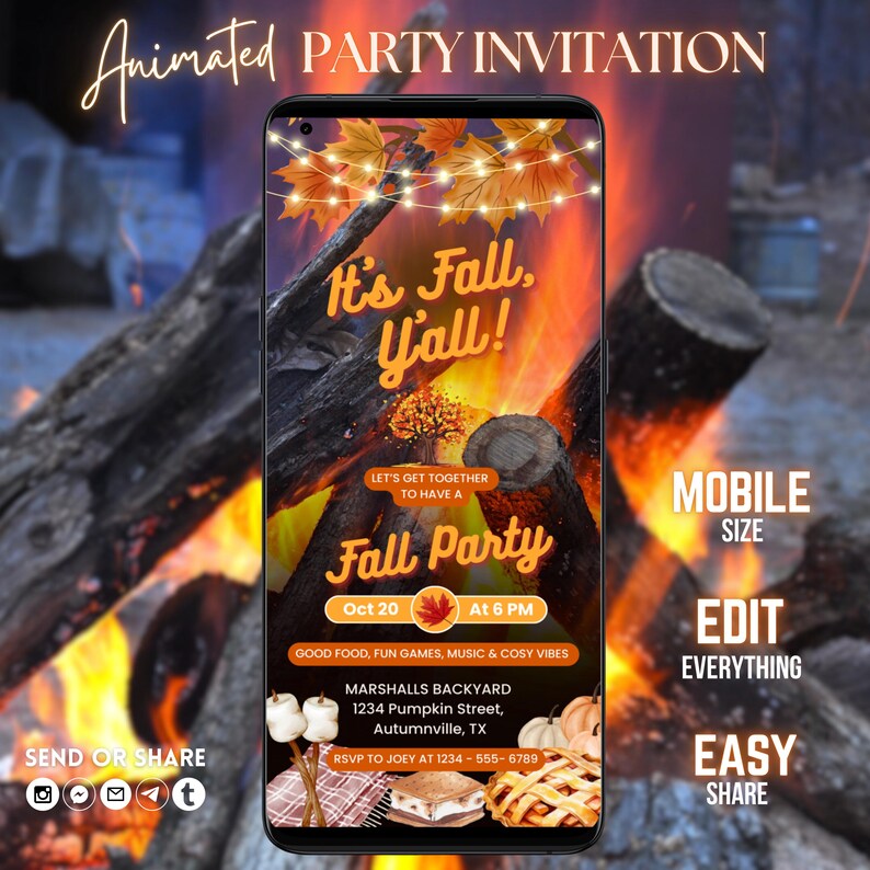 Editable Fall Party Invitation Template Digital Animated Fall Birthday ...