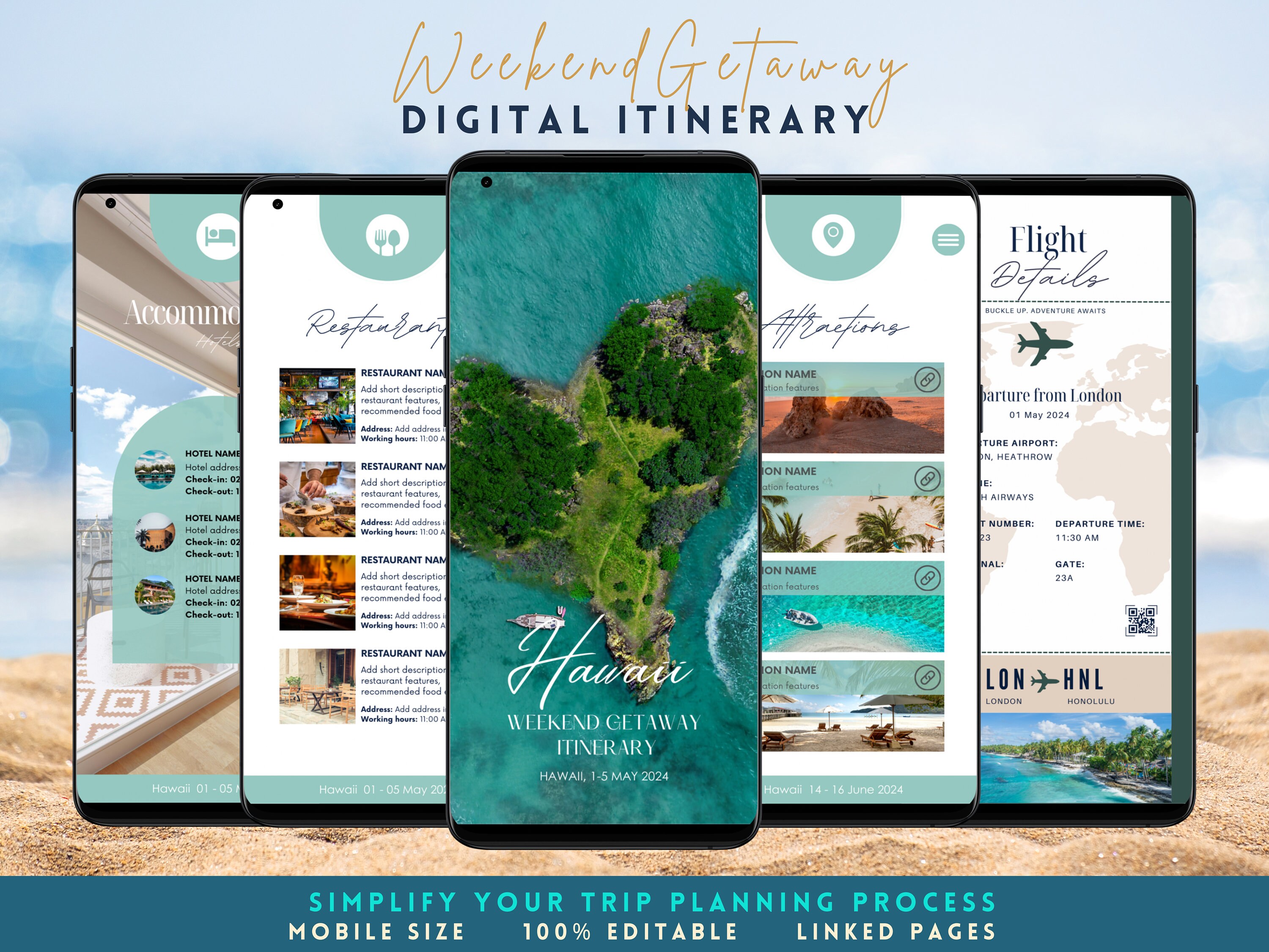 Travel Itinerary Template Weekend Getaway Trip Planner Custom Mobile ...