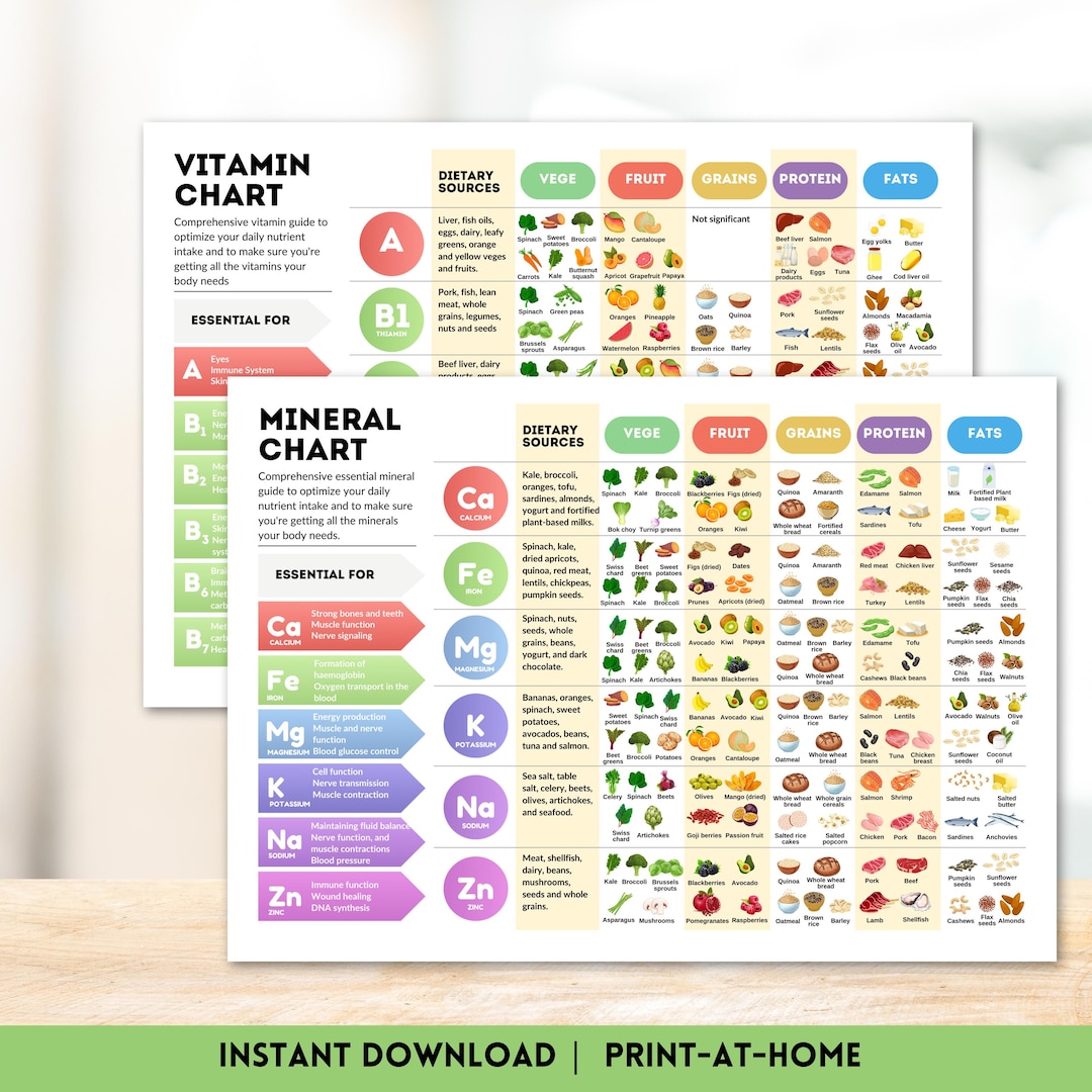 Vitamins and Minerals Chart Bundle Healthy Eating Reference Guide ...