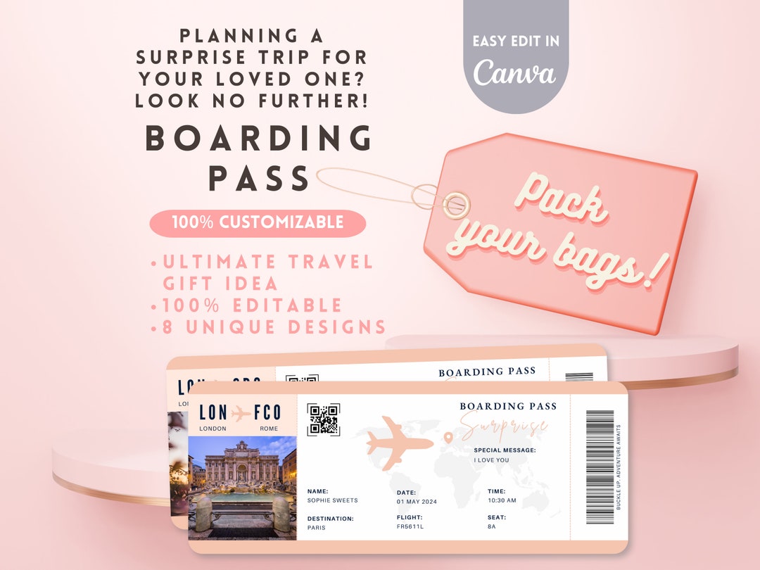 Editable Boarding Pass Template Surprise Trip Reveal Save the Date ...
