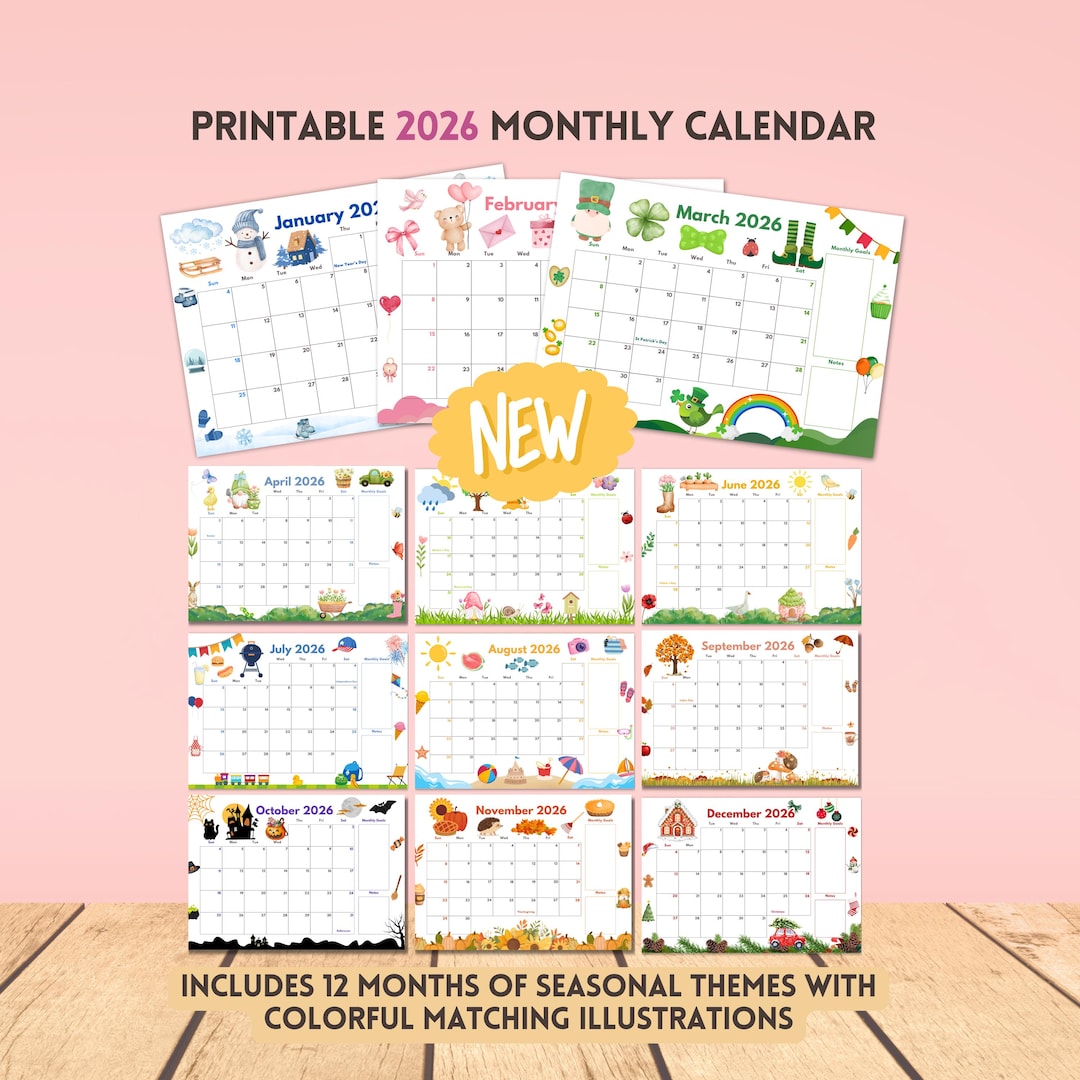 2026 Monthly Calendar Printable Cute Kids Calendar Editable Family ...