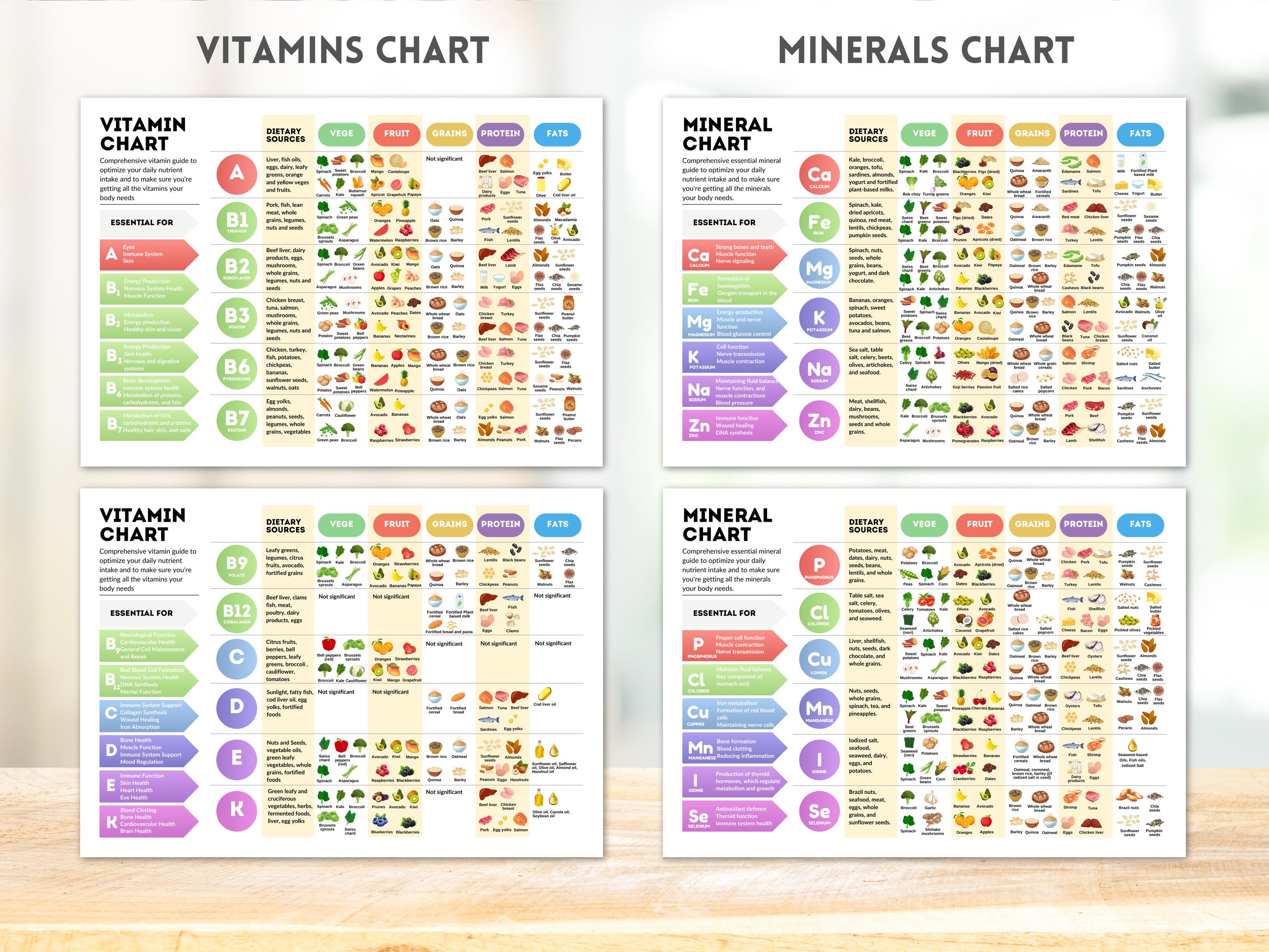 Vitamins and Minerals Chart Bundle Healthy Eating Reference Guide Essential Nutrients Chart ...