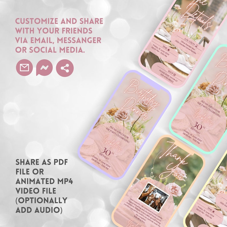 Birthday Dinner Invitation Template Digital Elegant Flowers Birthday ...