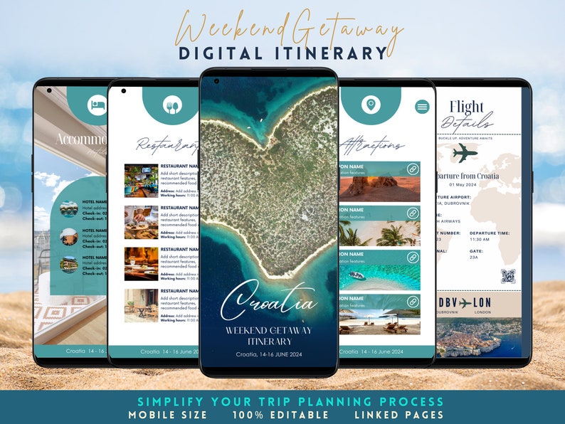 Travel Itinerary Template Weekend Getaway Trip Planner Custom Mobile ...