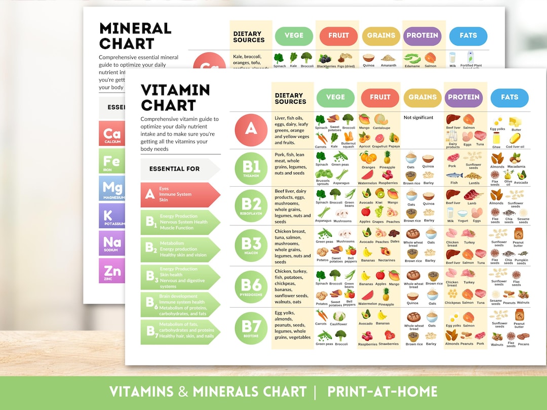 Vitamins and Minerals Chart Bundle Healthy Eating Reference Guide ...