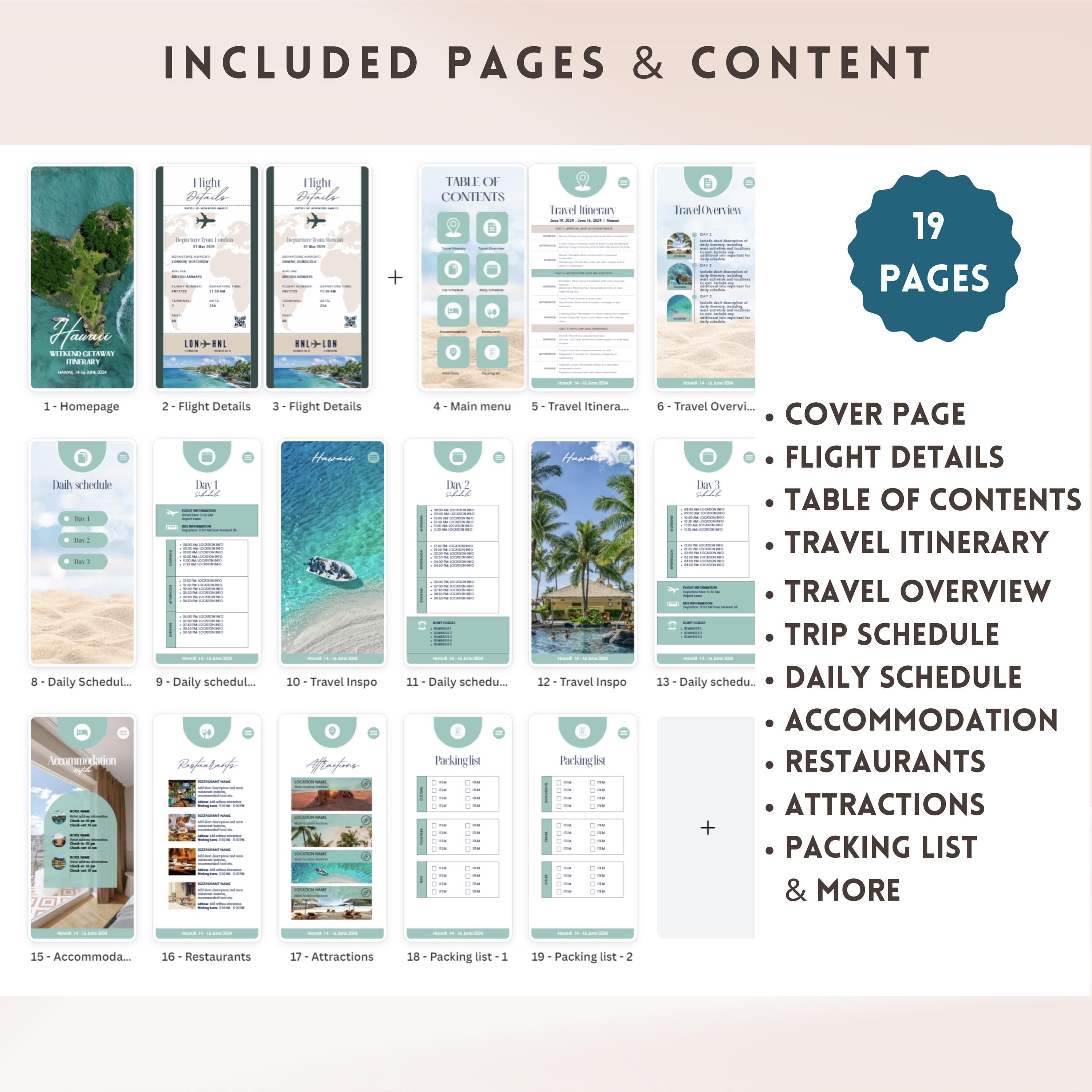 Travel Itinerary Template Weekend Getaway Trip Planner Custom Mobile ...