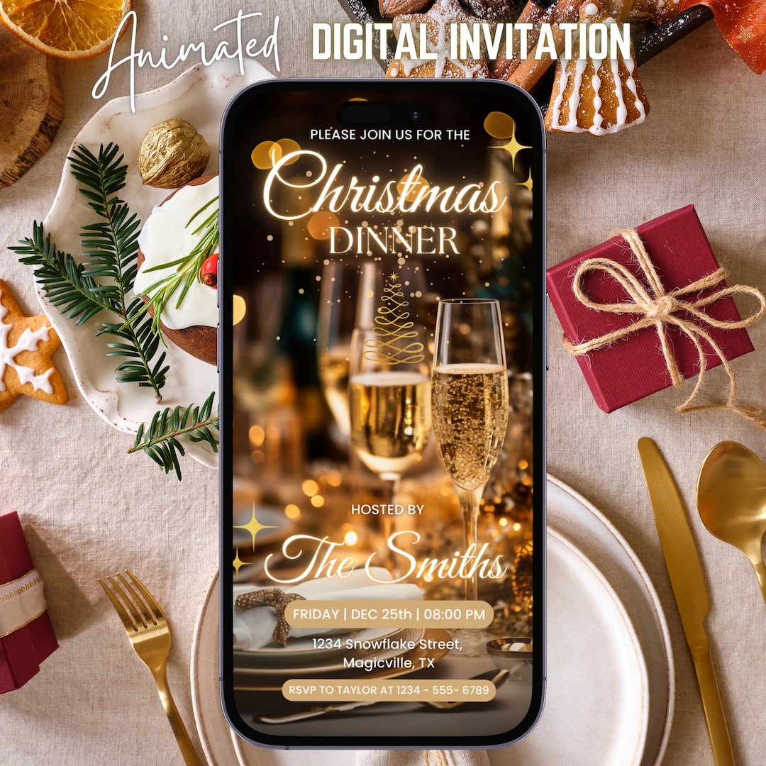 Elegant Christmas Dinner Invitation Template Gold Digital Animated ...