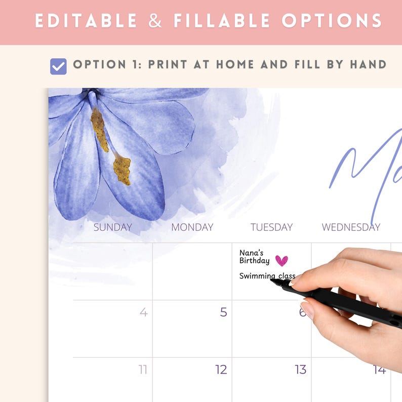 2025 Calendar Watercolor Flowers Printable Editable Calendar Template ...