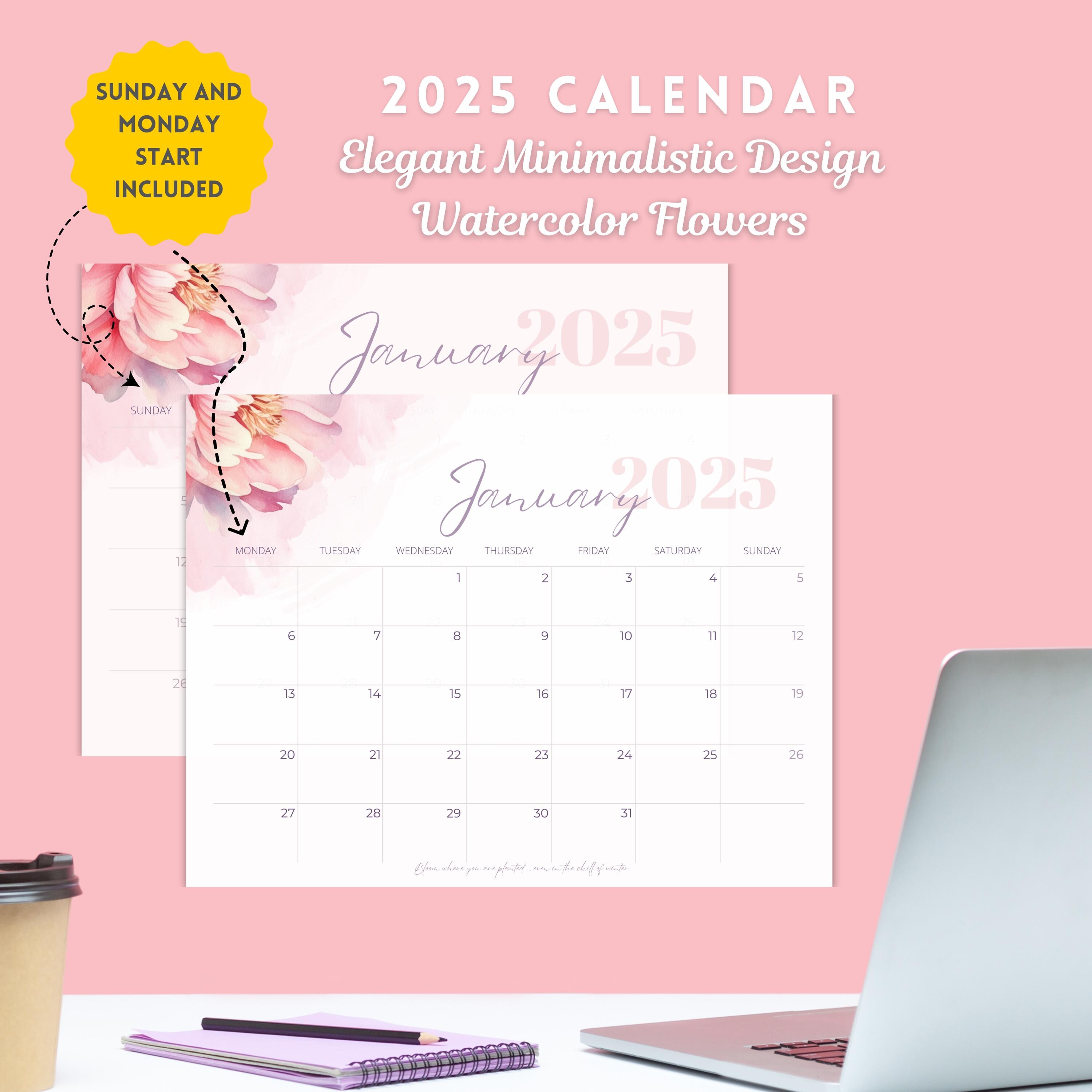 2025 Calendar Watercolor Flowers Printable Editable Calendar Template ...