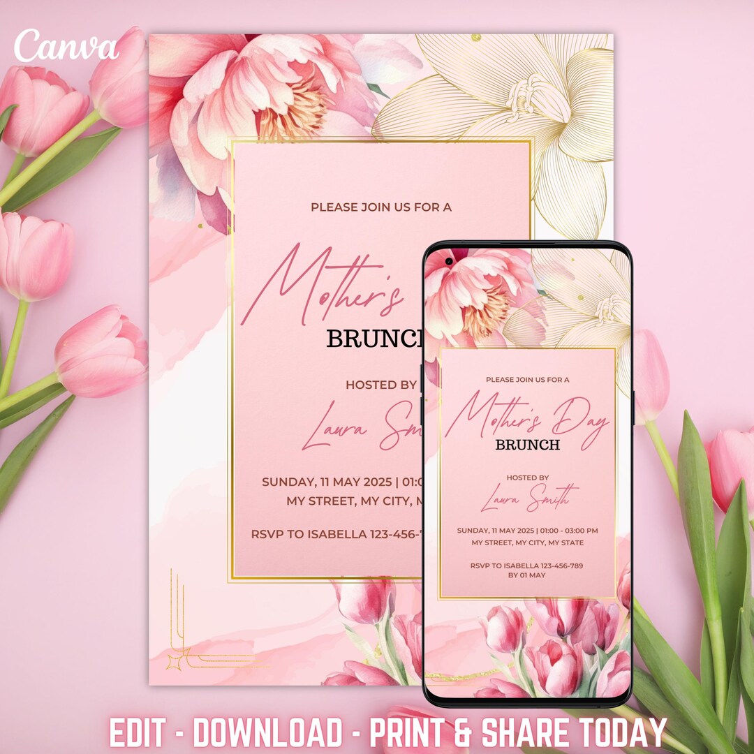 Mothers Day Invite Editable Floral Pink Gold Digital Printable Event ...