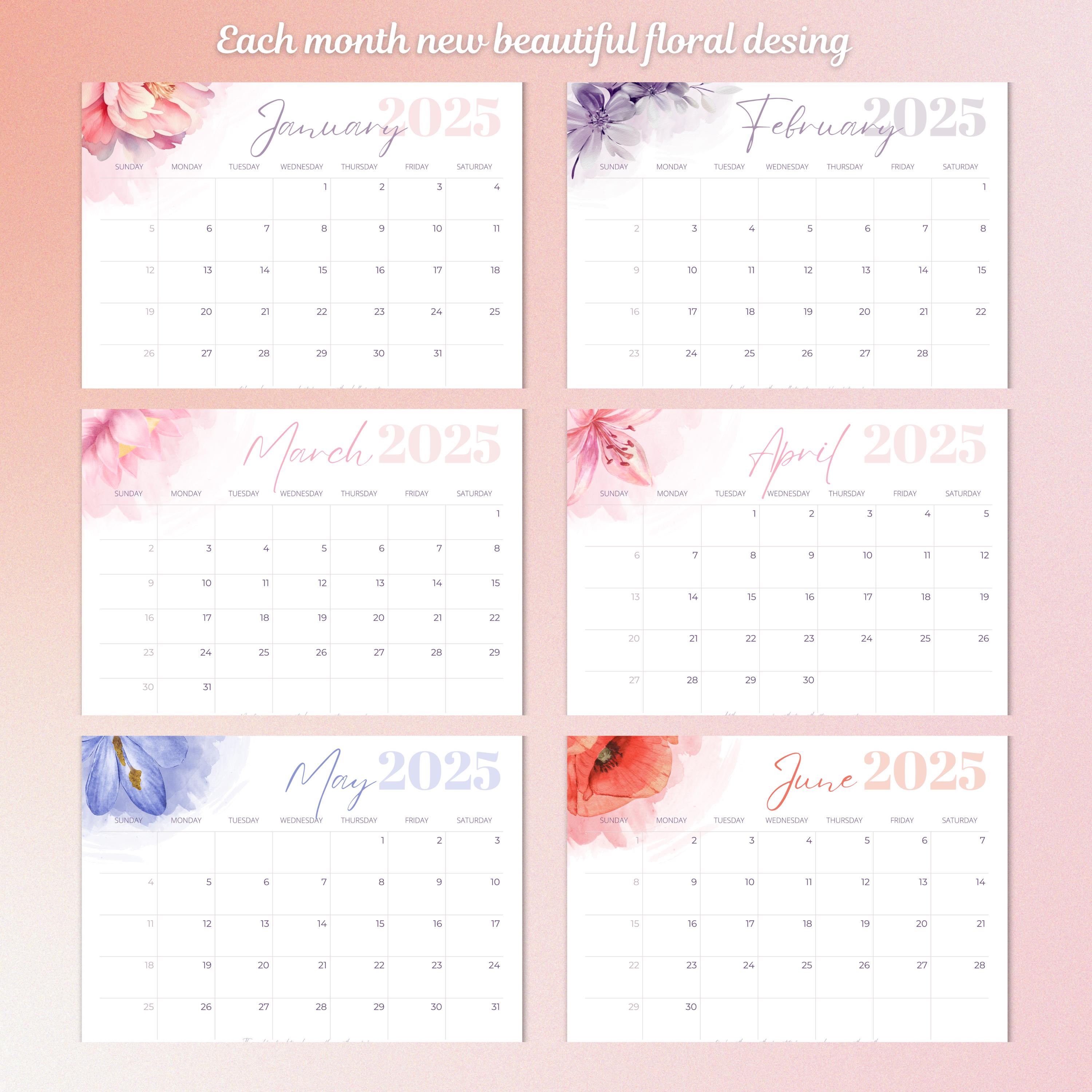 2025 Calendar Watercolor Flowers Printable Editable Calendar Template ...