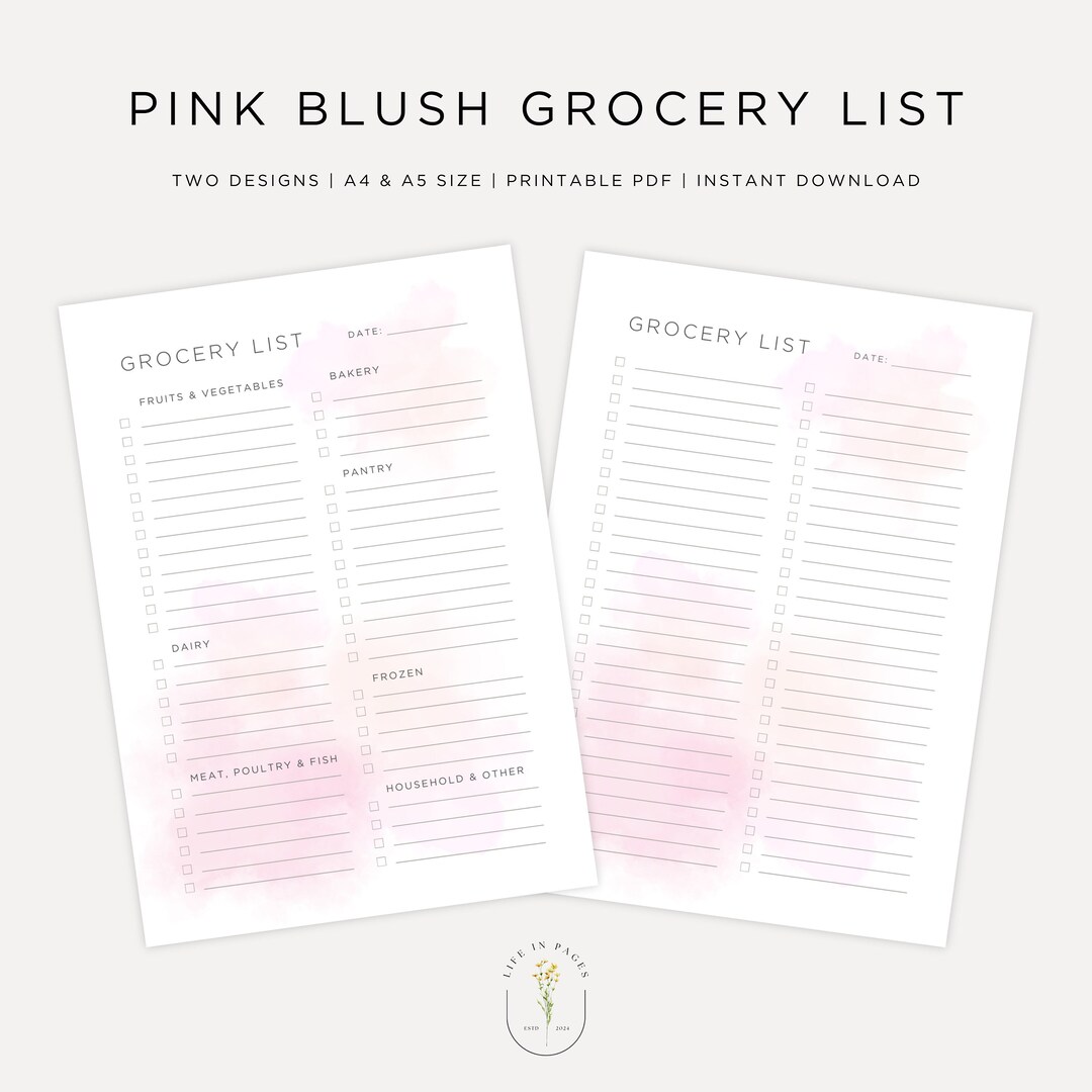 Grocery List Pink Blush Printable Grocery List Digital Grocery List A5 ...