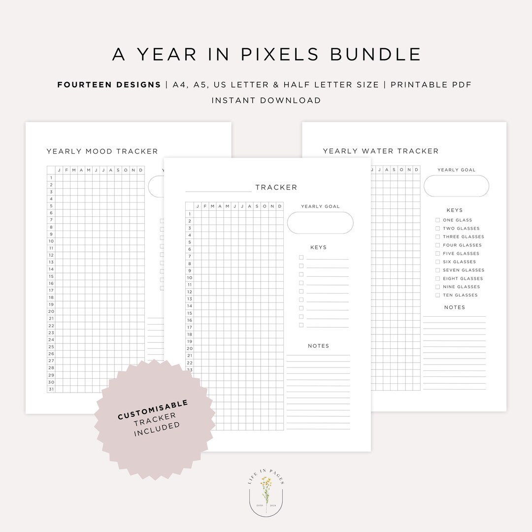 Year in Pixels Printable Habit Tracker Bundle Customisable Track Mood ...