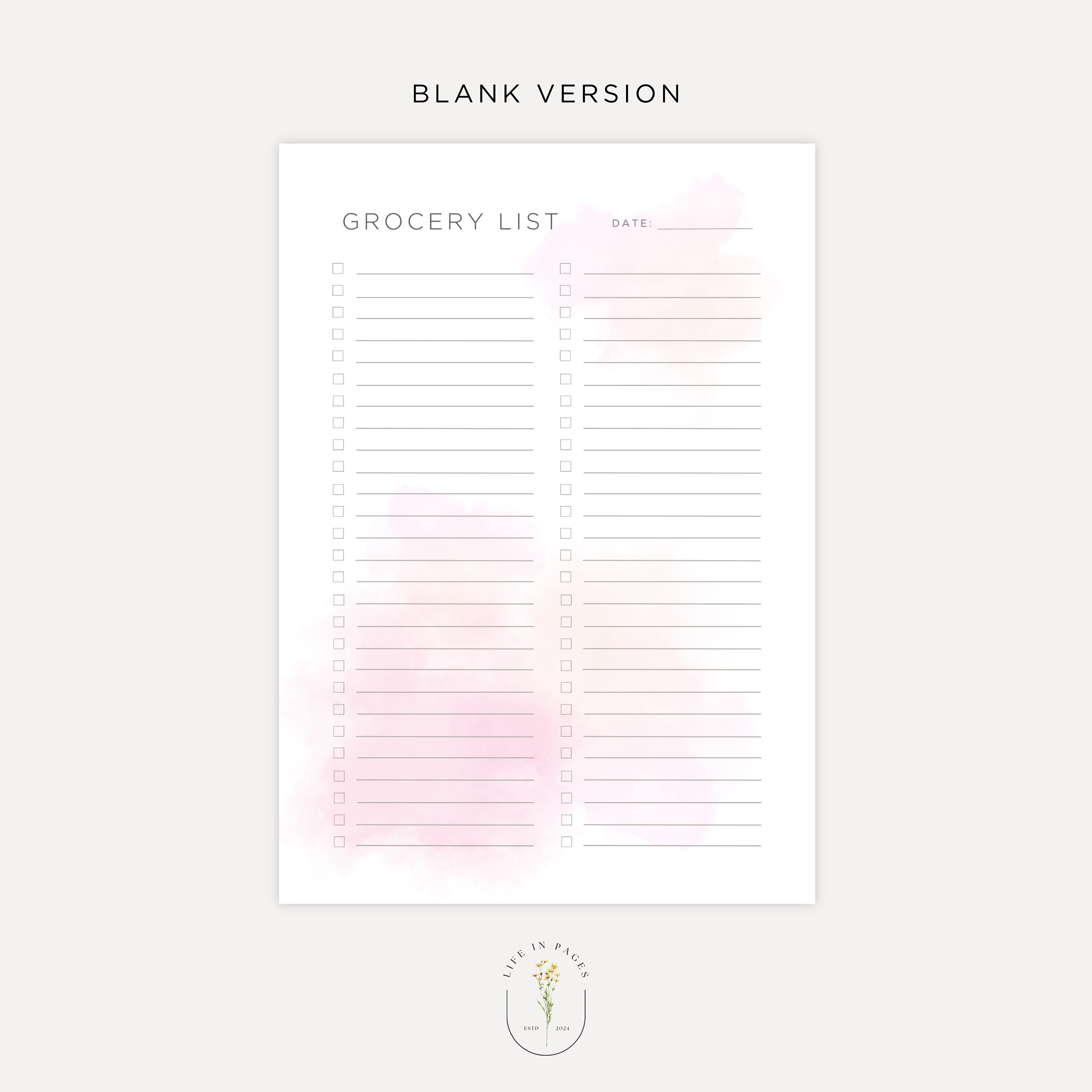 Grocery List Pink Blush Printable Grocery List Digital Grocery List A5 ...