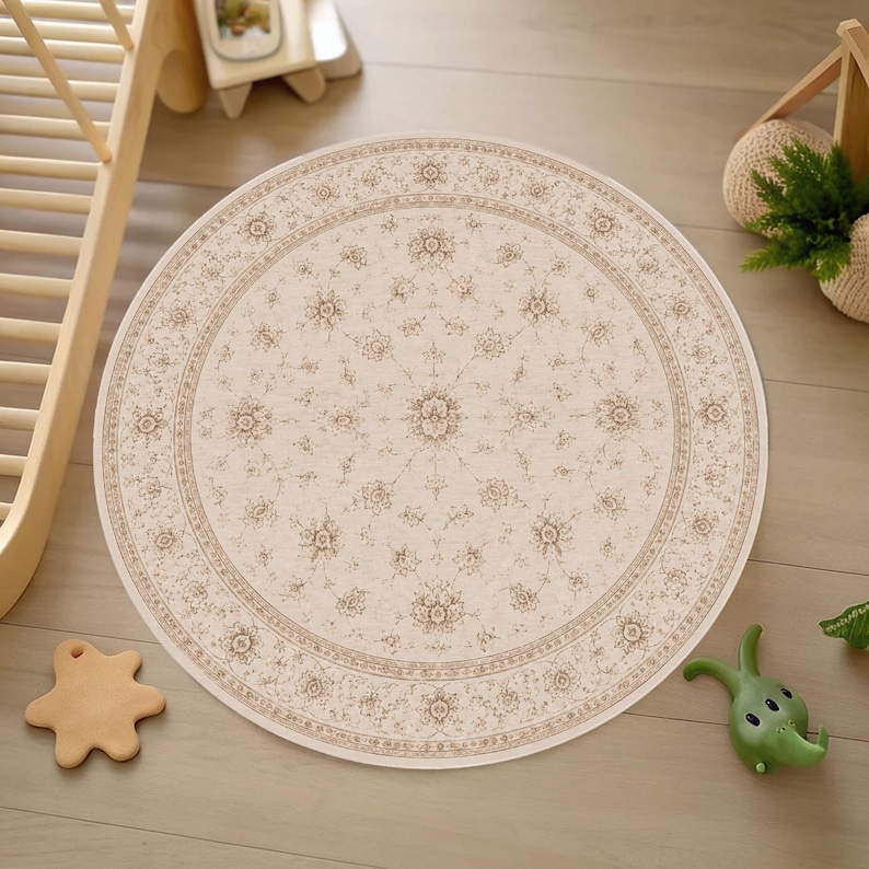 Neutral Beige Vintage Turkish Round Rug, Botanical Farmhouse Carpet ...