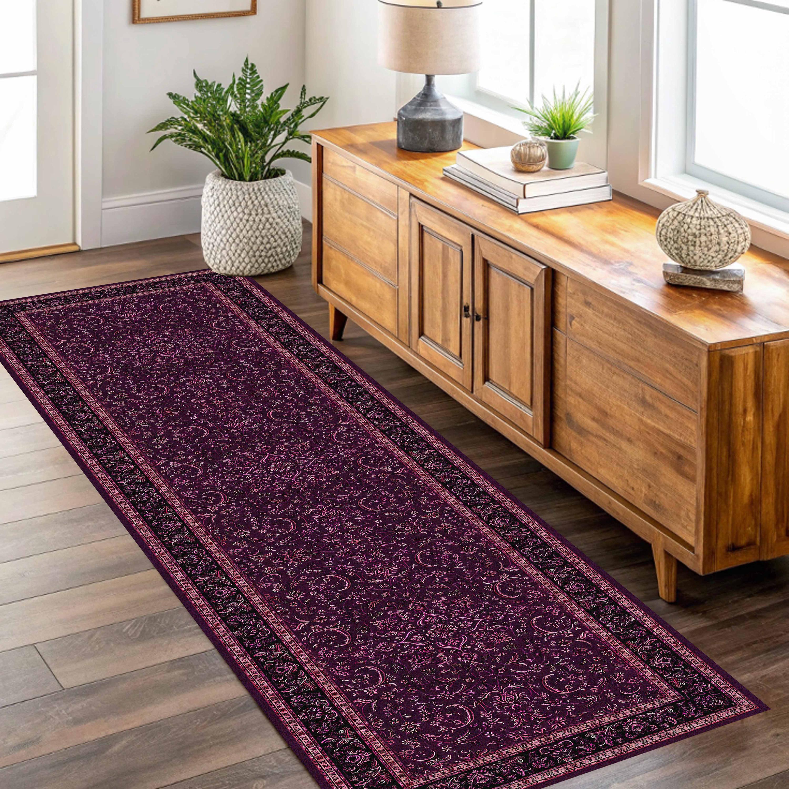 Purple Overdyed Turkish Runner Rug: Floral Hallway Rugs, Vintage Oushak ...