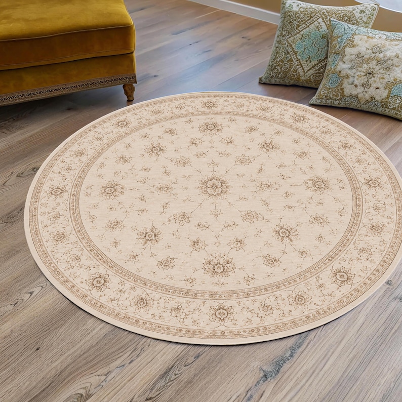 Neutral Beige Vintage Turkish Round Rug, Botanical Farmhouse Carpet ...