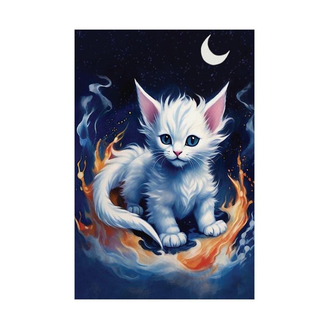 White Kitten Poster | Fluffy White Cat | Smoke and Fire Clouds | Night ...