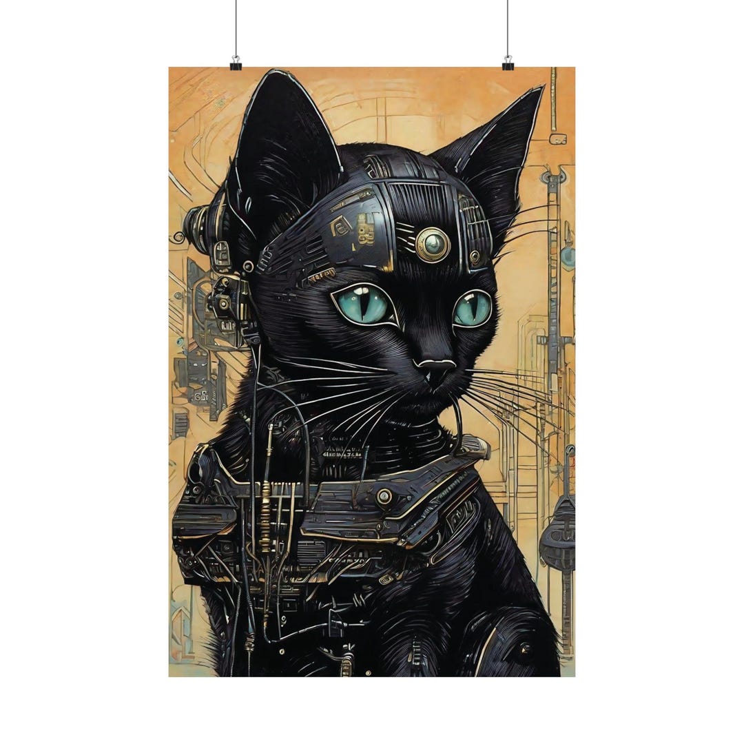 Cat Poster Matte Vertical Poster Black Kitty Retro Futurism Visions ...
