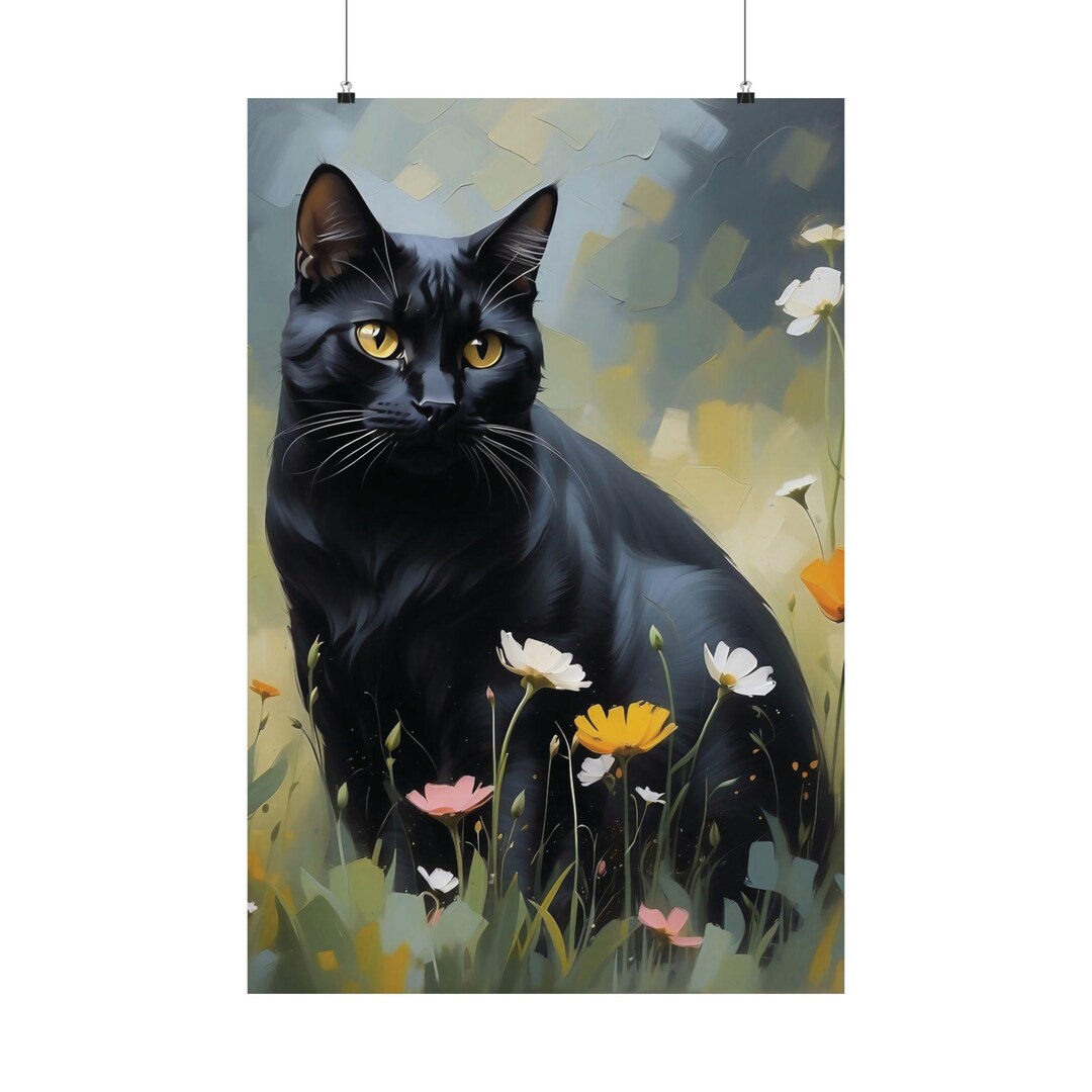 Black Cat Poster Naturecore Kitty Art Nature Core Decor Wild Flowers ...