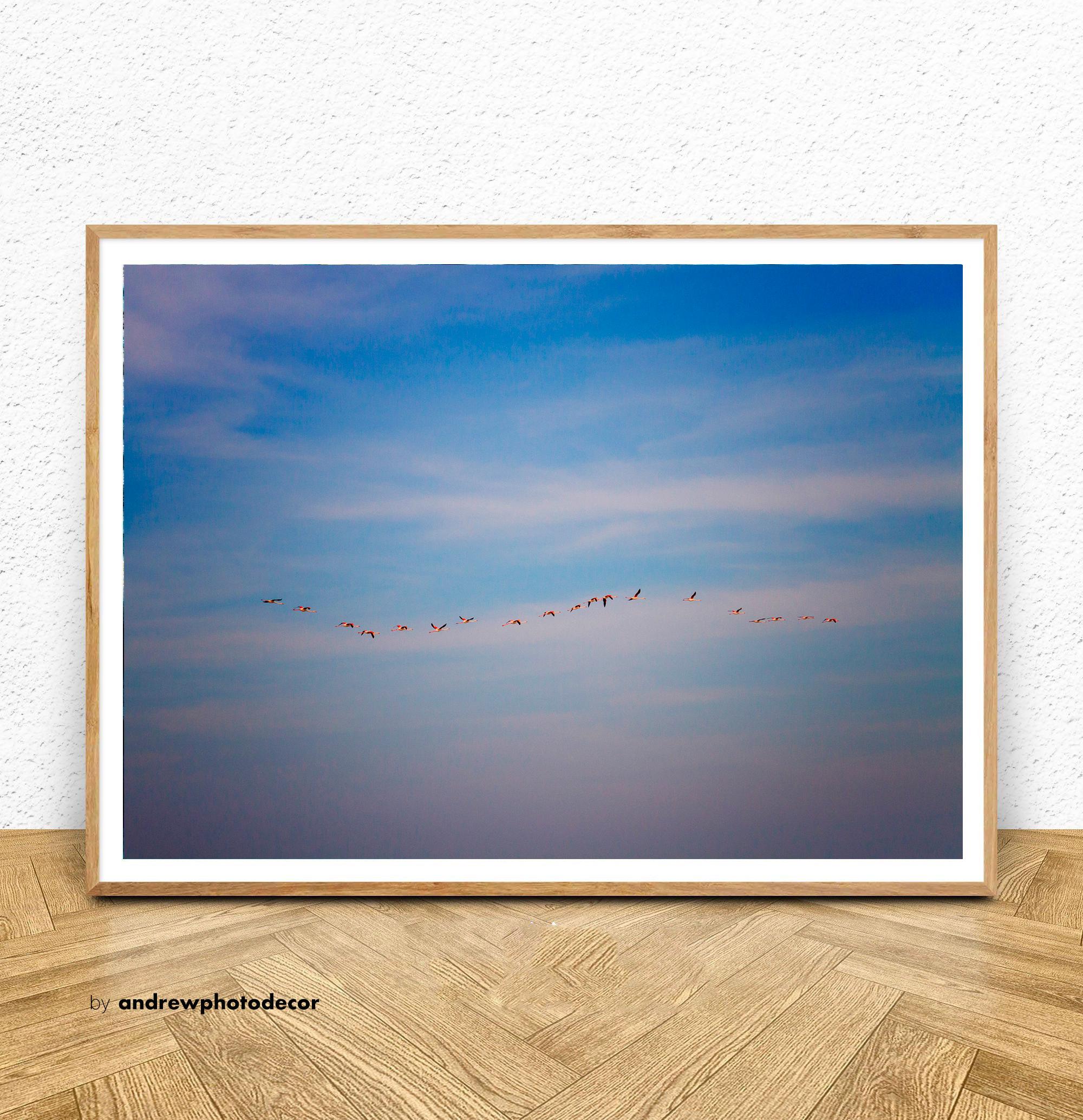 Art Print of a Magical Flight of Flamingos at Sunset, Wall Art ...