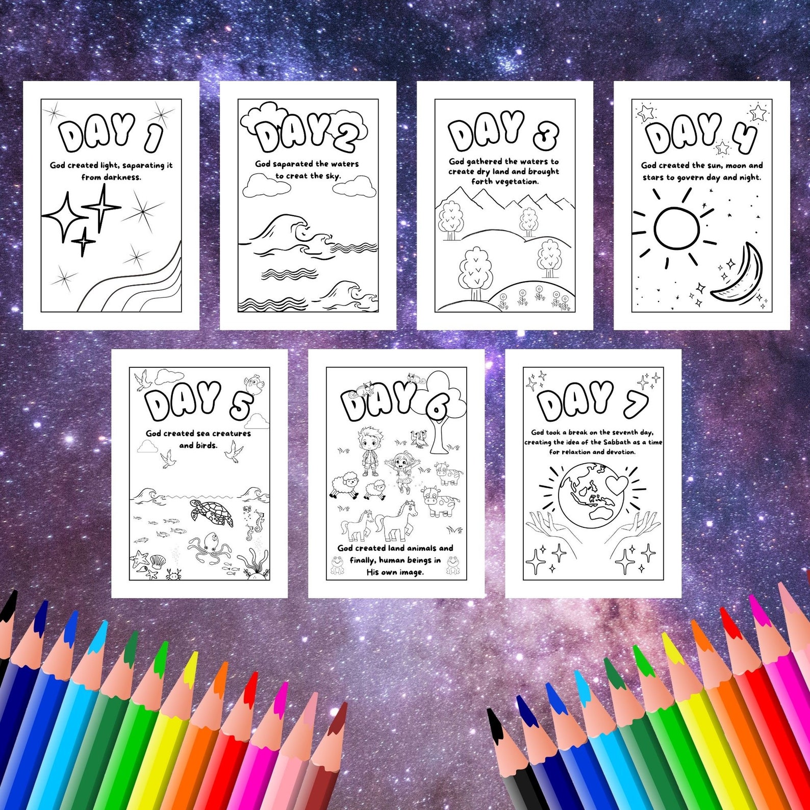 Coloring Pages 7 Days Creation, Printable Bible Activity, Coloring ...