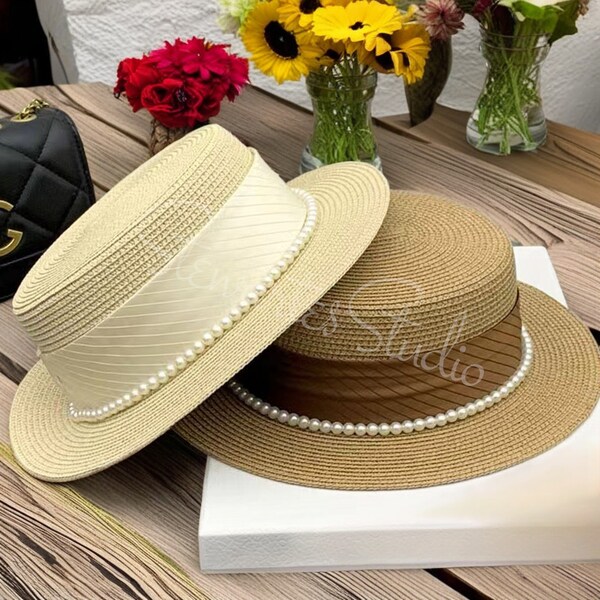 Flat Brim Straw Hat - Etsy