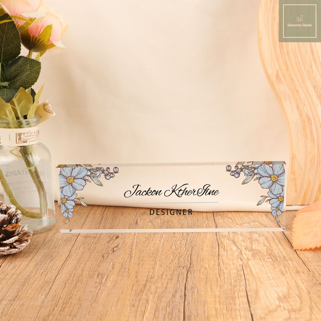 Personalized Blue Flower Name Plate, Marble Design Name Plate for Desk ...