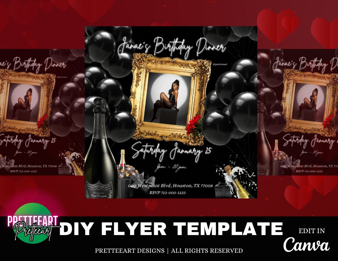 Birthday Dinner Flyer Black DIY Editable Template - Etsy