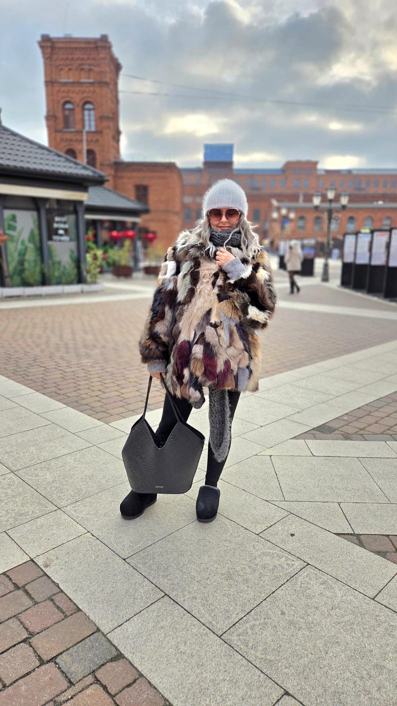 Vintage Fur Coat Real Fox Jacket Multicolor Oversize Rainbow Patchwork ...