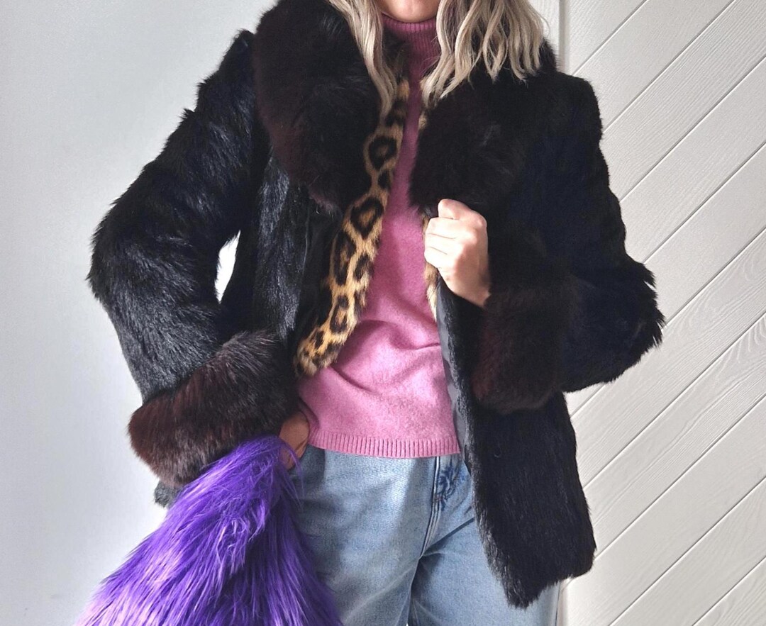 Vintage Black Fox Fur and Goat Fur Jacket Short Retro Penny Lane Style ...