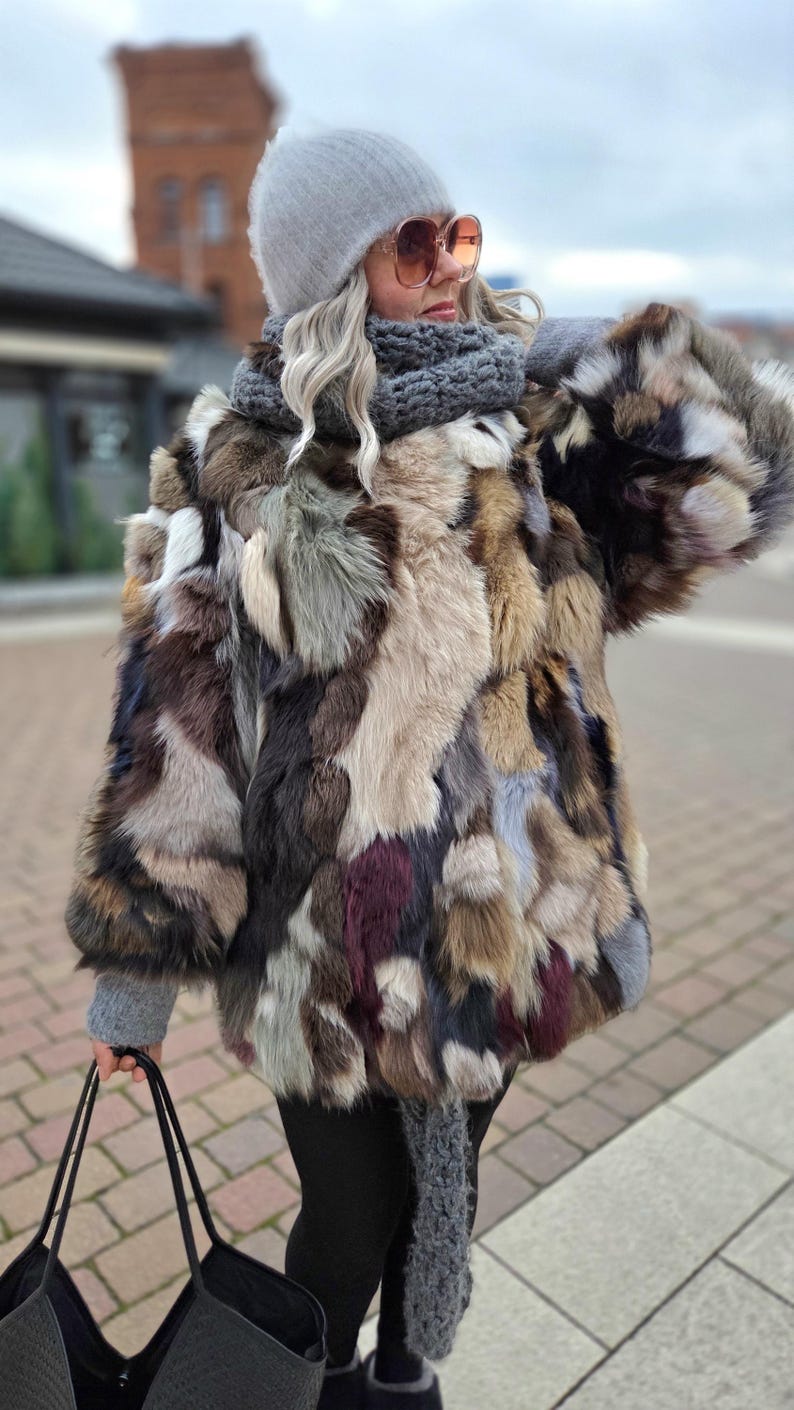 Vintage Fur Coat Real Fox Jacket Multicolor Rainbow Patchwork Natural ...