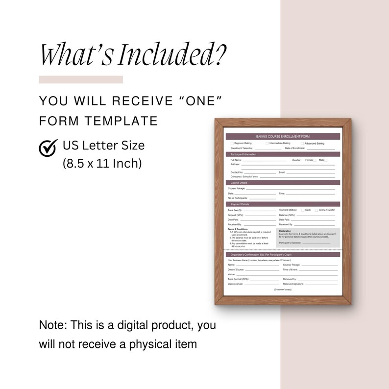 Baking Course Enrollment Form Template in US Letter, Editable Class ...
