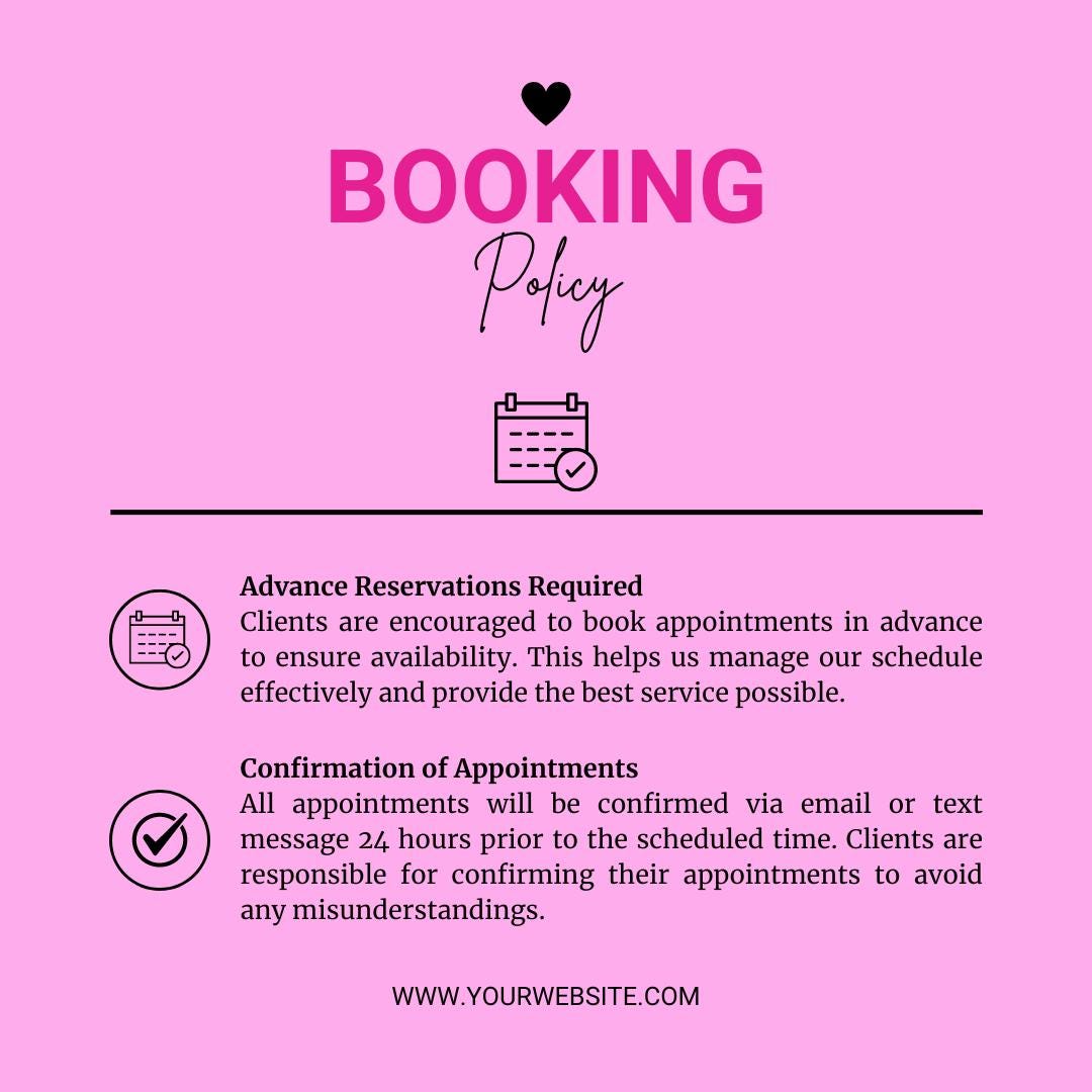 Booking Policy Template Canva for Lash Nail Tech Technician Hairstylist ...