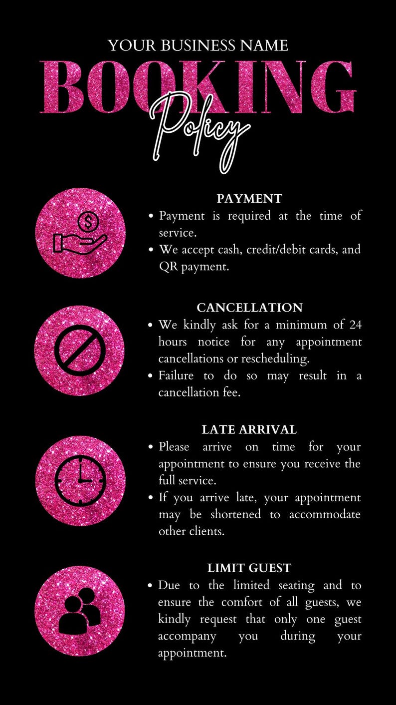 Booking Policy Template Pink, Cancellation Policies for Beauty Salon ...