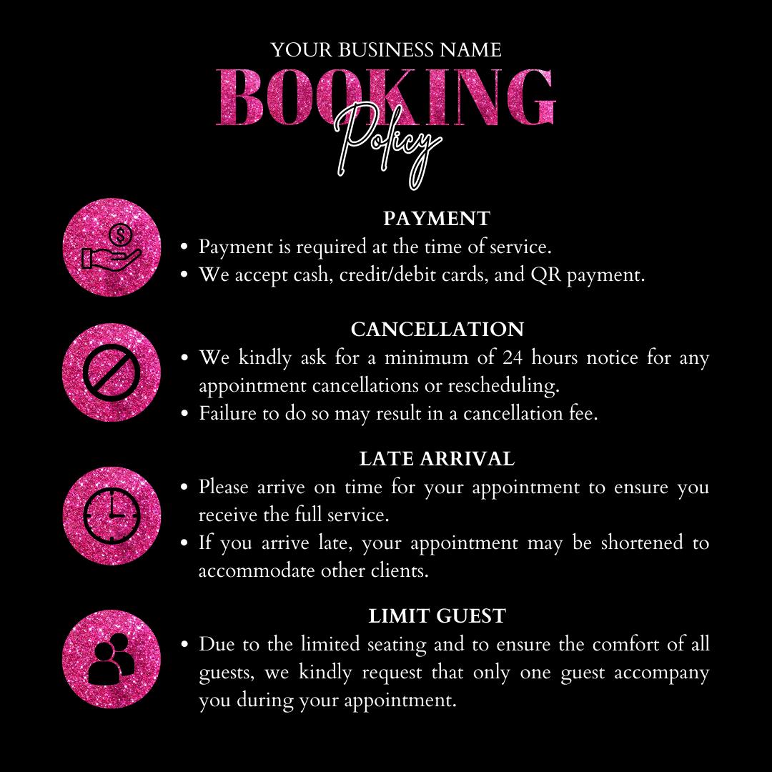 Booking Policy Template Pink, Cancellation Policies for Beauty Salon ...