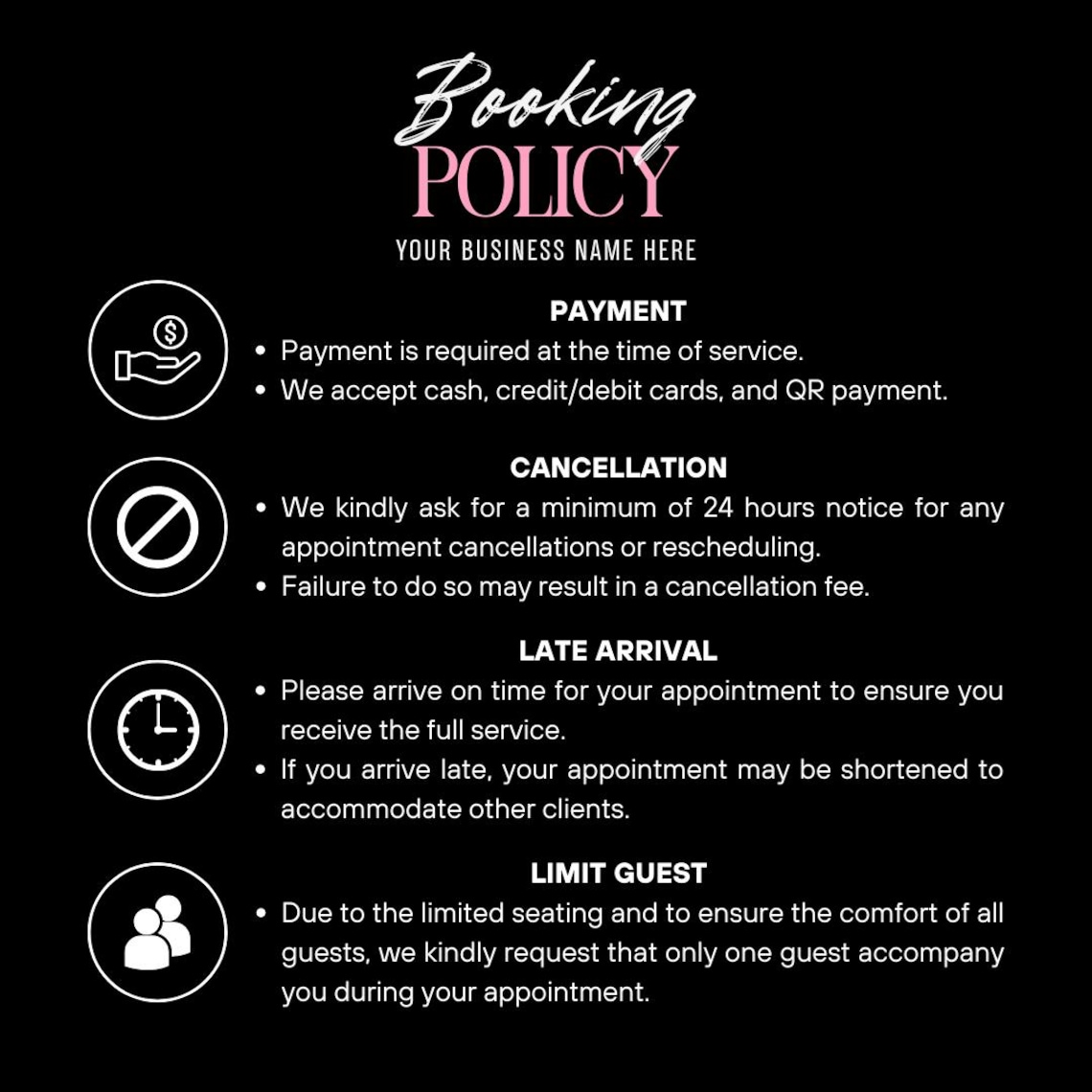 Booking Policy Template Pink, Cancellation Policies for Beauty Salon ...