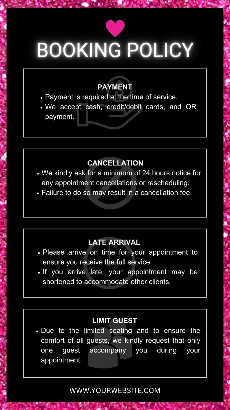 Booking Policy Template Canva for Lash Nail Tech Hair Braid Hairstylist ...
