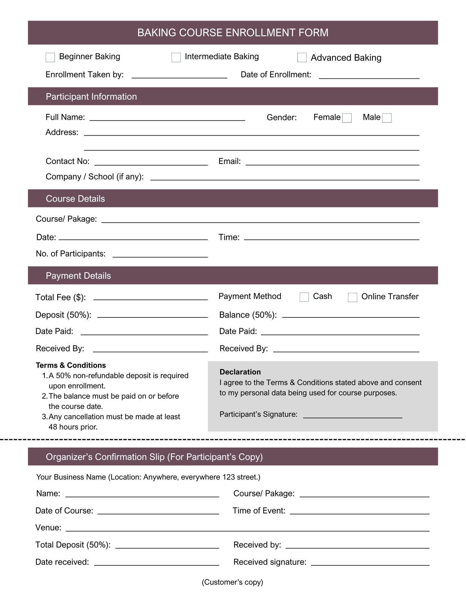 Baking Course Enrollment Form Template in US Letter, Editable Class ...