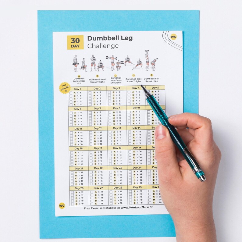30 Day Dumbbell Leg Challenge - Printable Workout Tracker. Strength ...