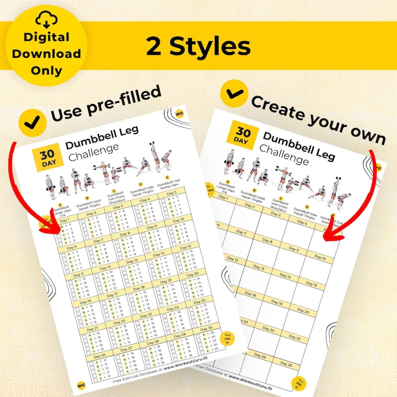 30 Day Dumbbell Leg Challenge - Printable Workout Tracker. Strength ...
