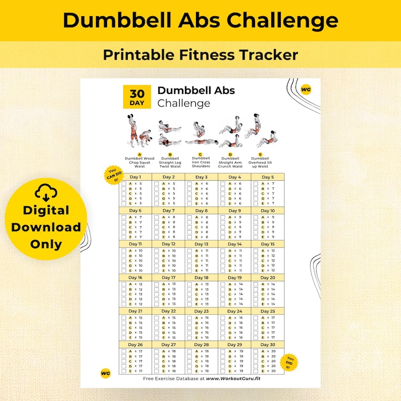 30 Day Dumbbell Abs Challenge - Printable Workout Tracker. Abs Workout ...