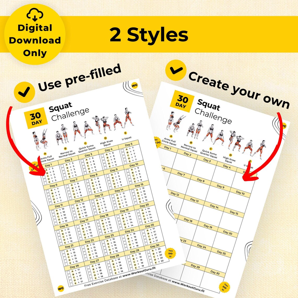 30 Day Squat Challenge - Printable Workout Tracker. Squat Exercise Plan, Squats Workout Planner ...