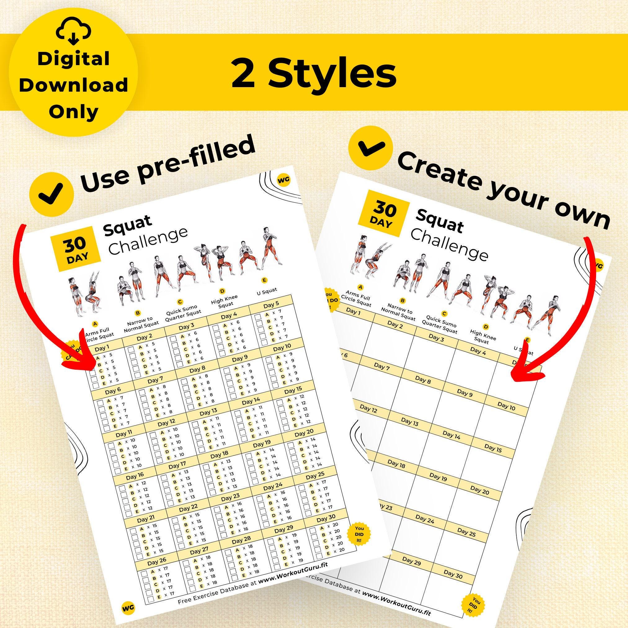 30 Day Squat Challenge - Printable Workout Tracker. Squat Exercise Plan ...