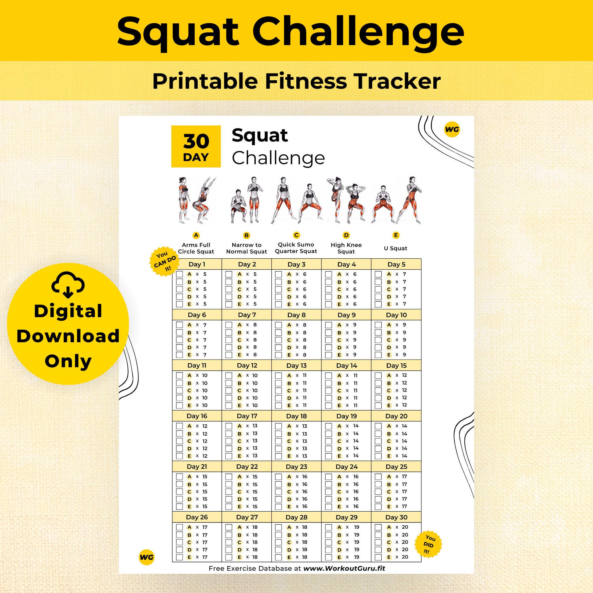 30 Day Squat Challenge - Printable Workout Tracker. Squat Exercise Plan ...