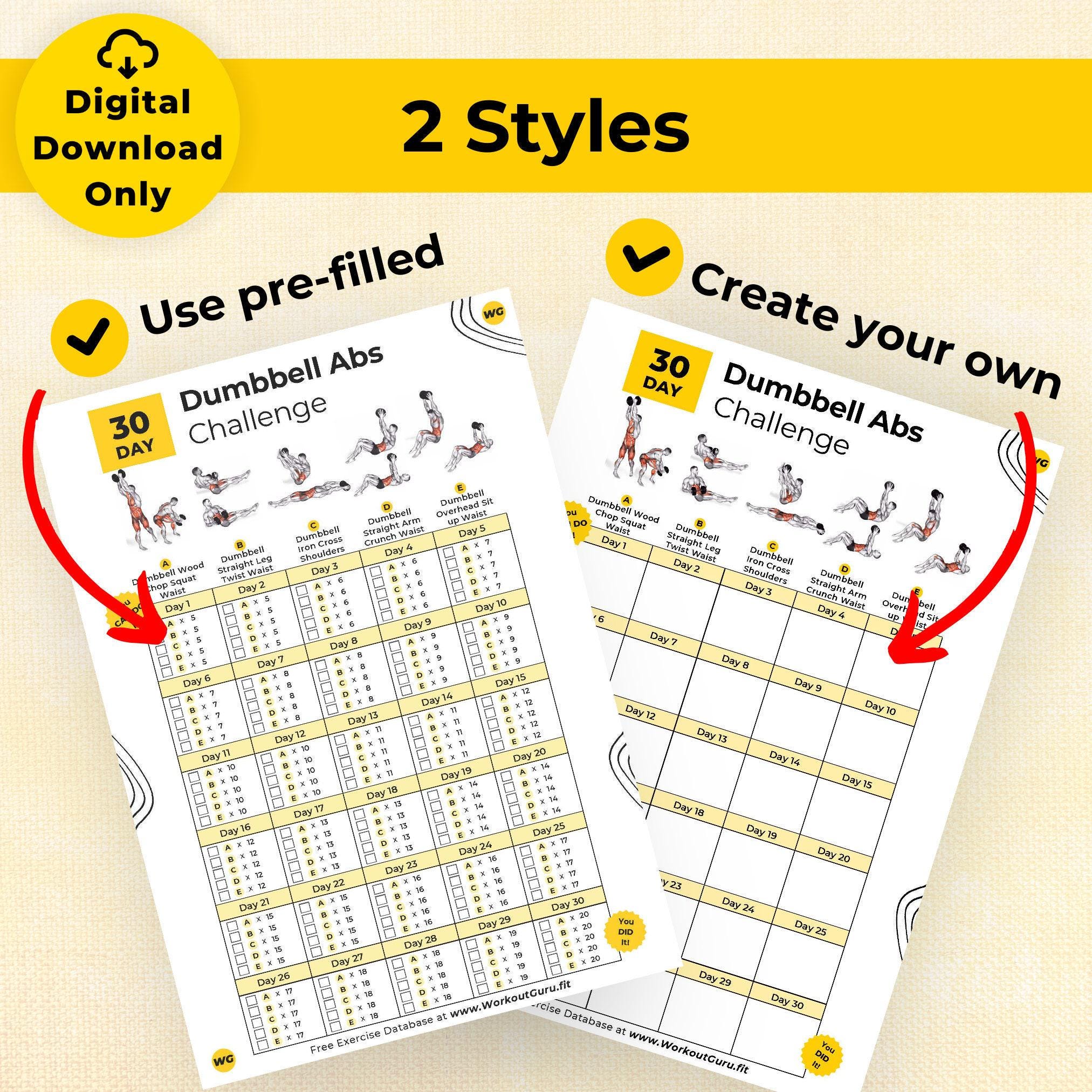 30 Day Dumbbell Abs Challenge - Printable Workout Tracker. Abs Workout ...