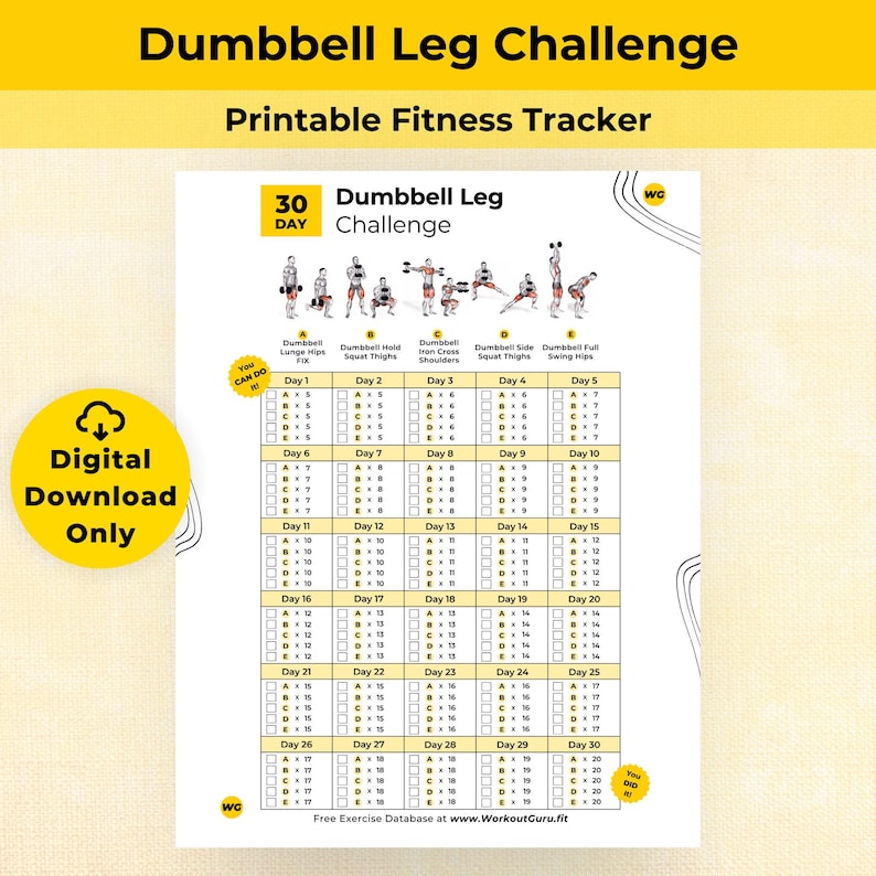 30 Day Dumbbell Leg Challenge - Printable Workout Tracker. Strength ...