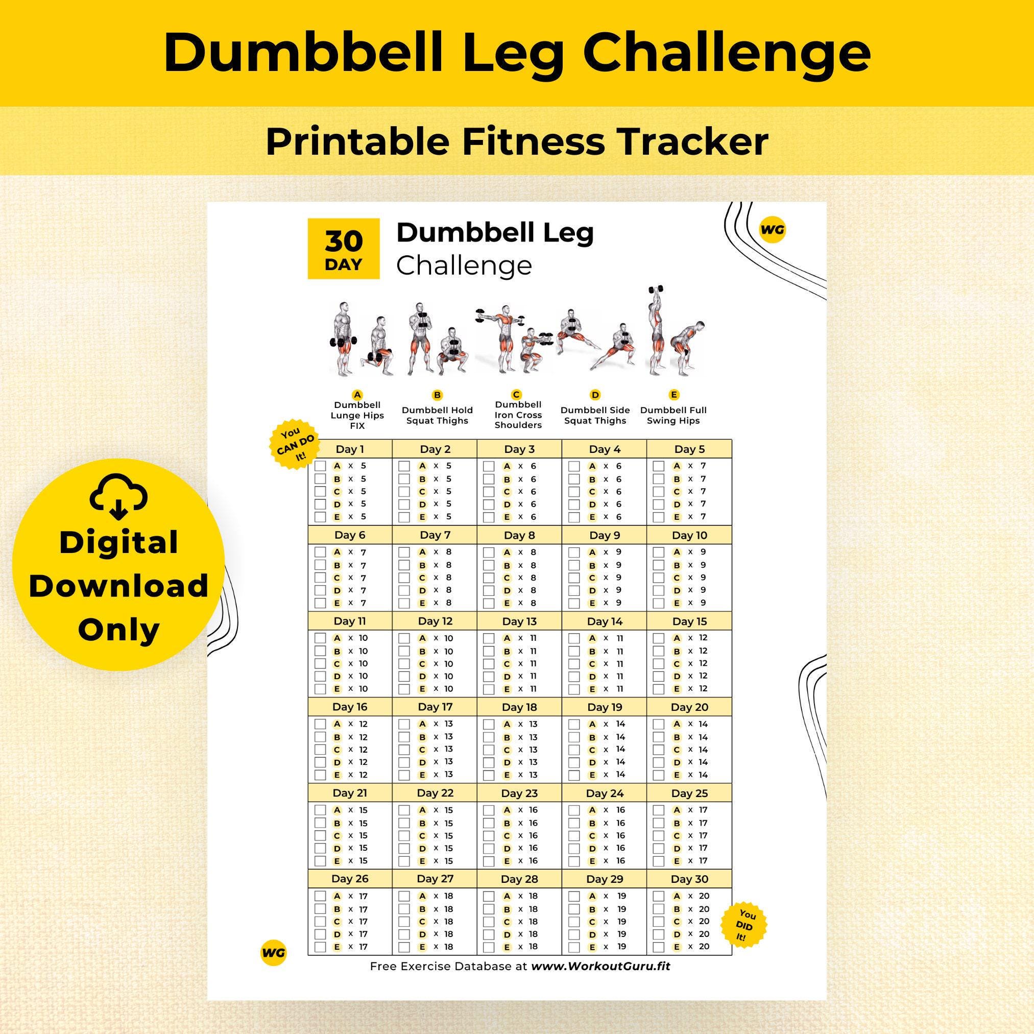 30 Day Dumbbell Leg Challenge - Printable Workout Tracker. Strength ...