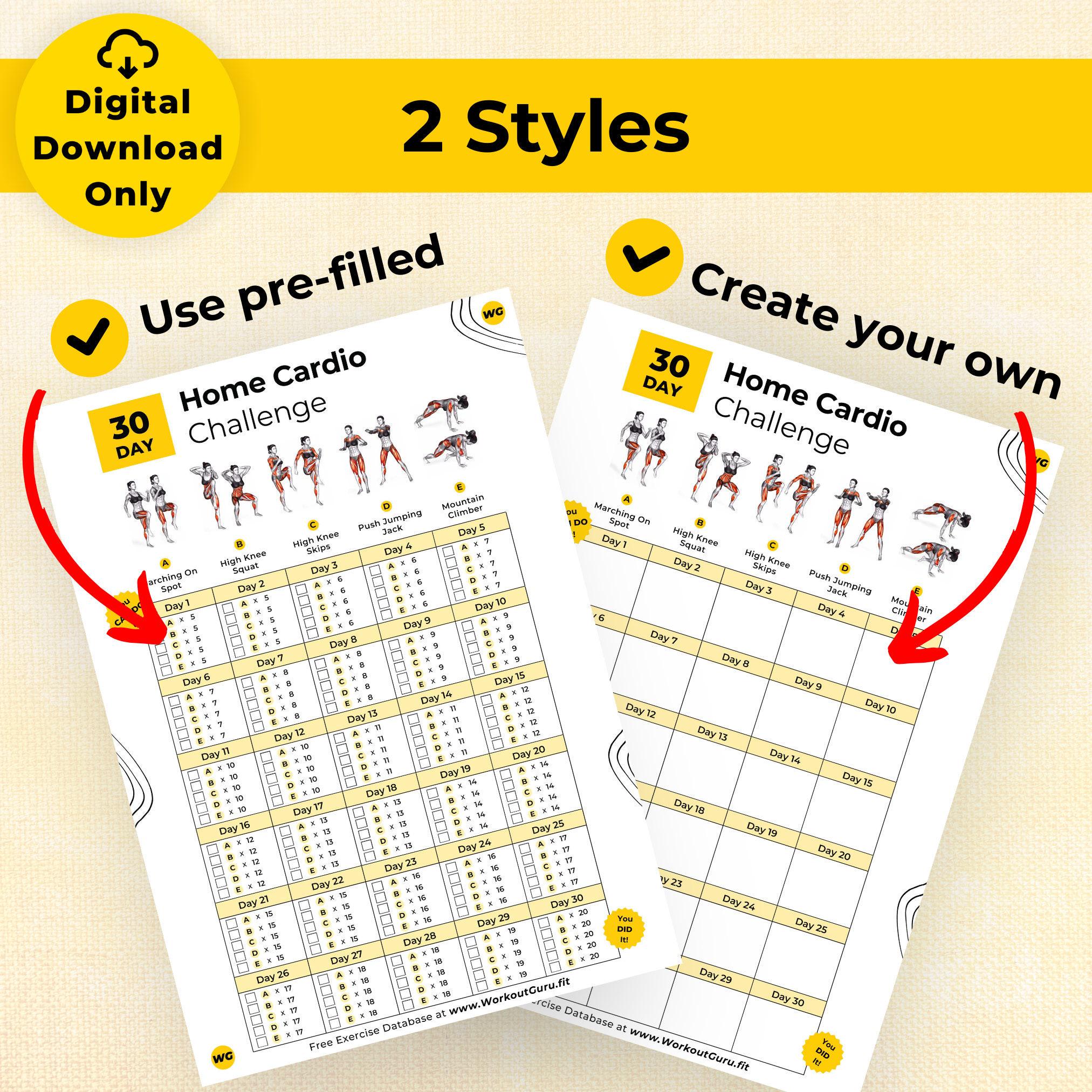 30 Day Home Cardio Challenge - Printable Workout Tracker. Cardio ...